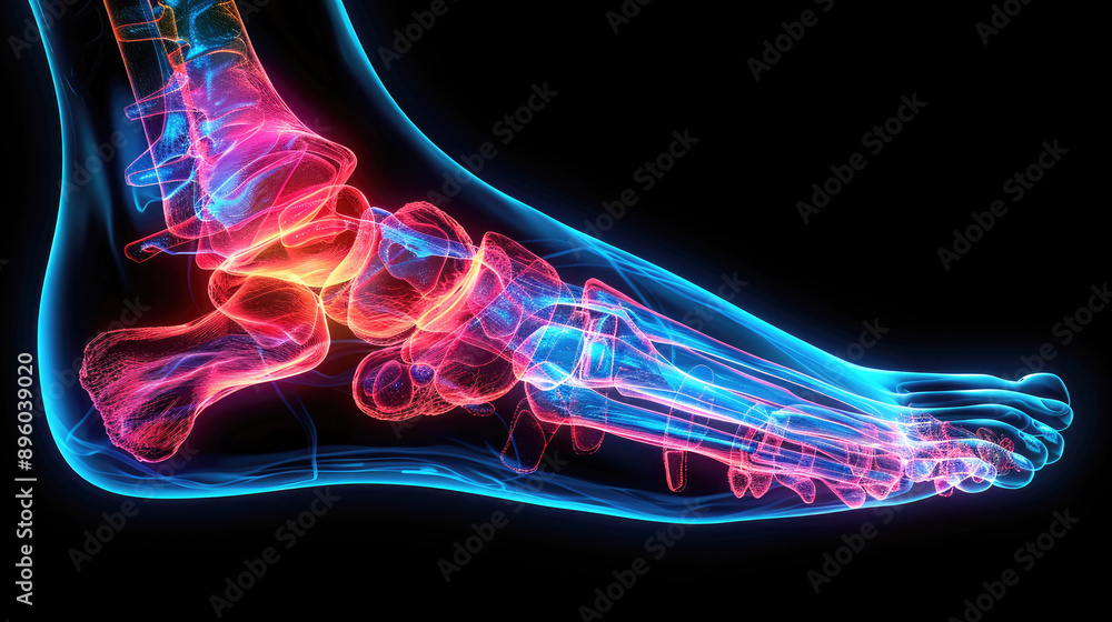 A side view shot of a human foot glowing blue with an x-ray effect ...
