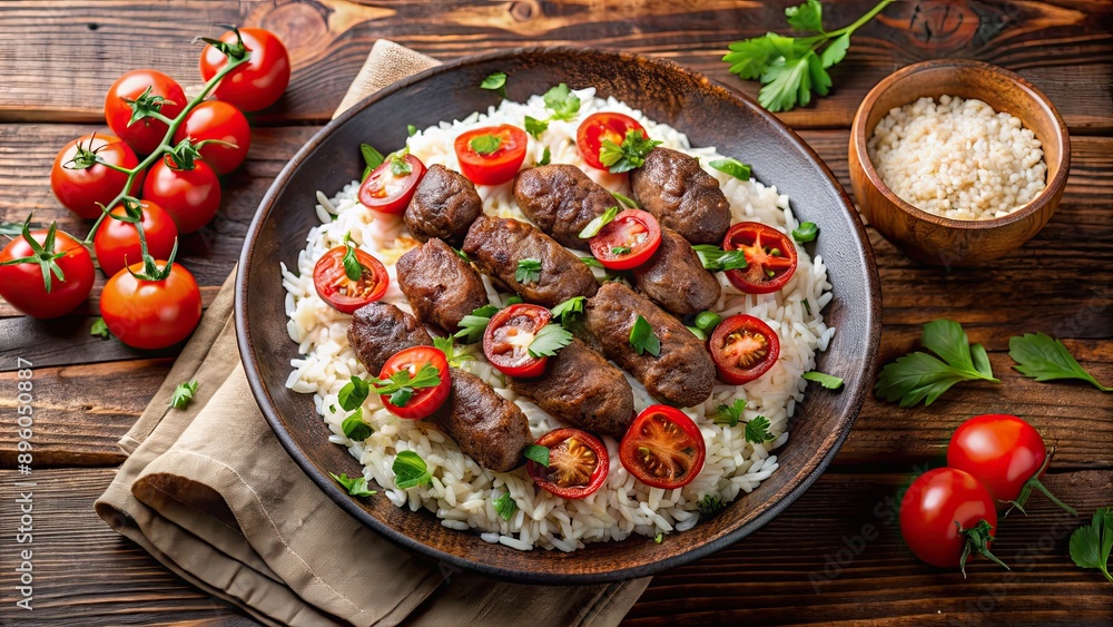 Traditional Middle Eastern dish of kefta and kebab served with rice and ...