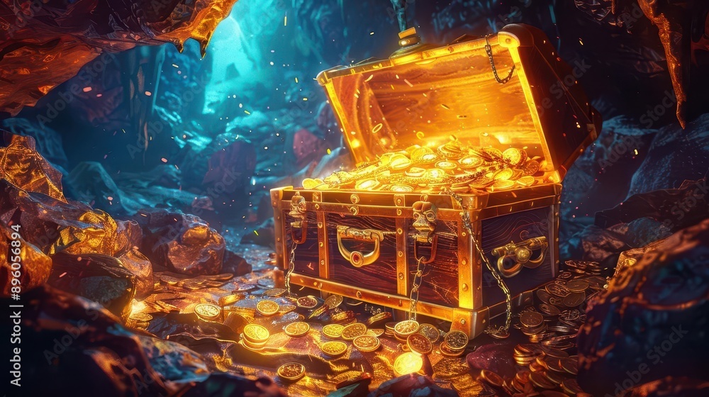 fantastical pirate treasure chest overflowing with gold coins and ...