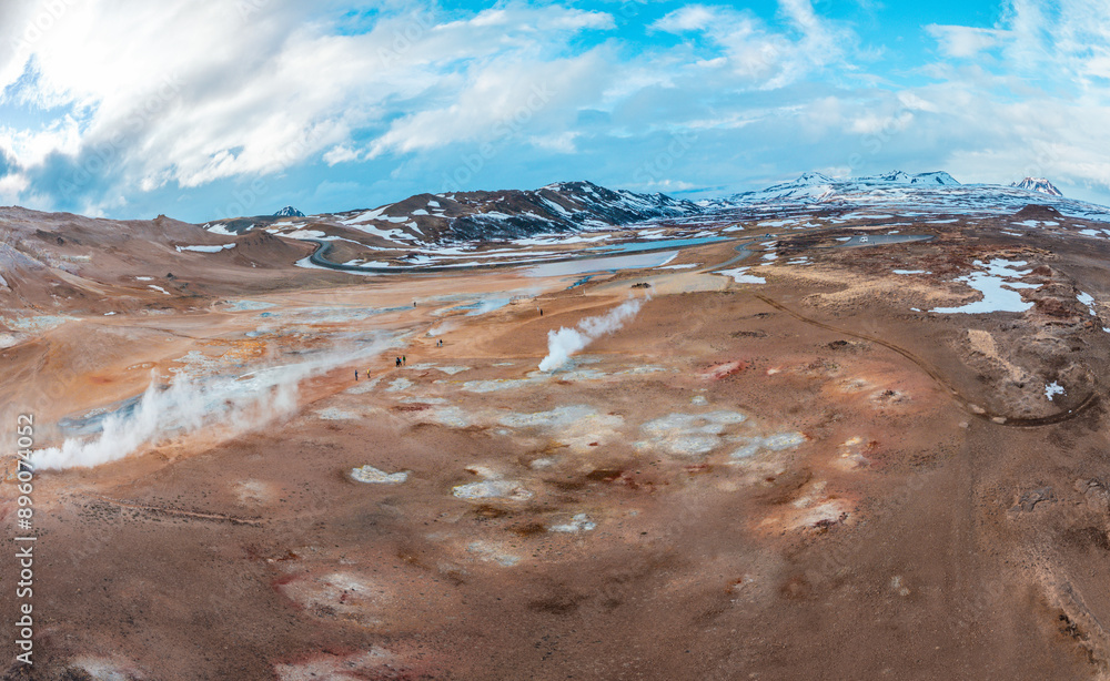 Aerial view of Geothermal Area with Hot Springs, fumaroles, and ...