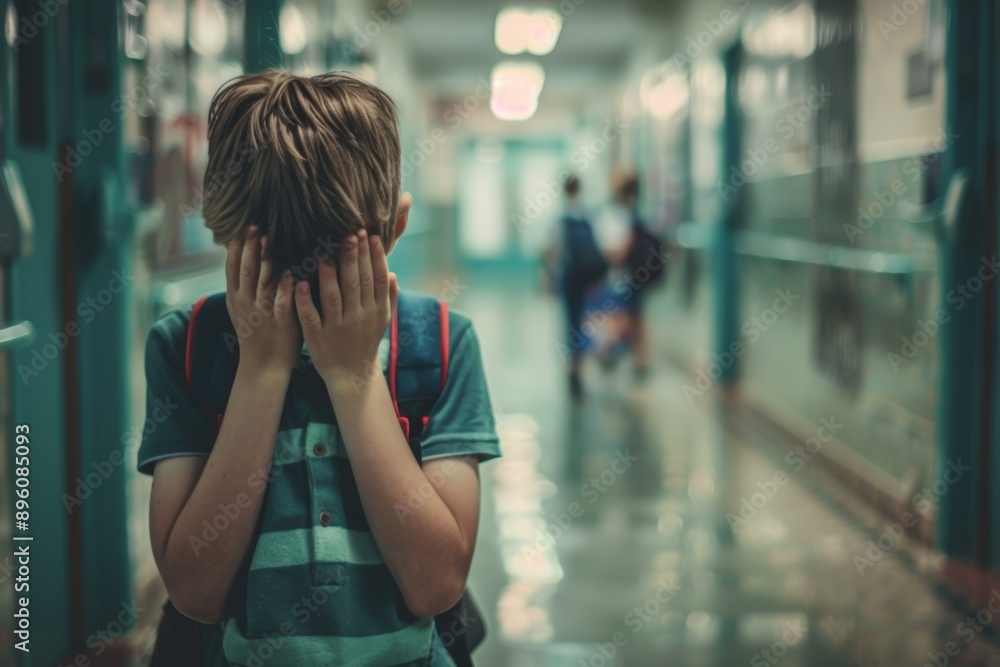 Upset boy in school corridor, conveying learning challenges, emotional ...