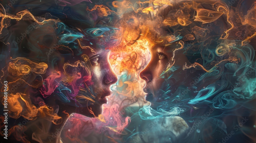 Two faces merging into a single form, with a backdrop of swirling ...