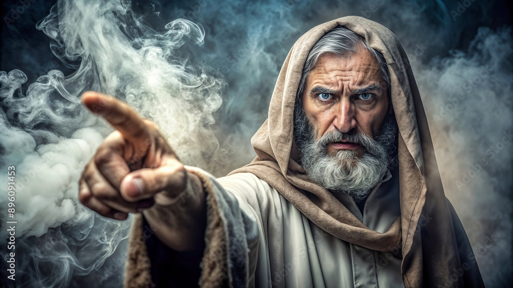 An old prophet and messenger of God pointing the finger and warning ...