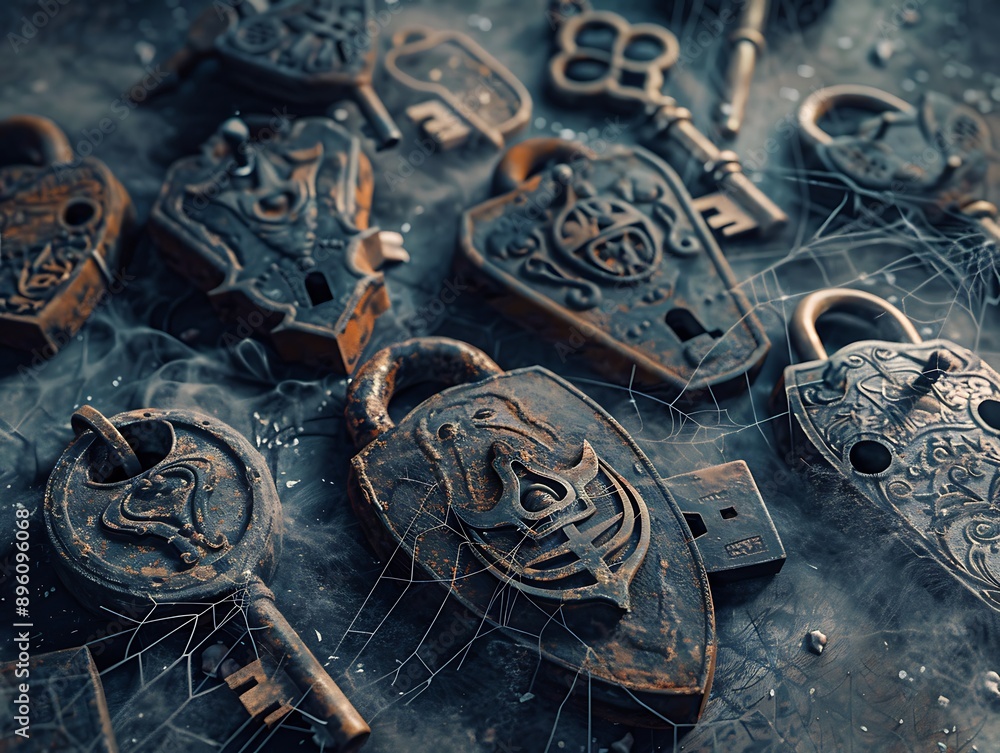 A collection of ancient rusty locks and keys lying on a dusty cobweb ...