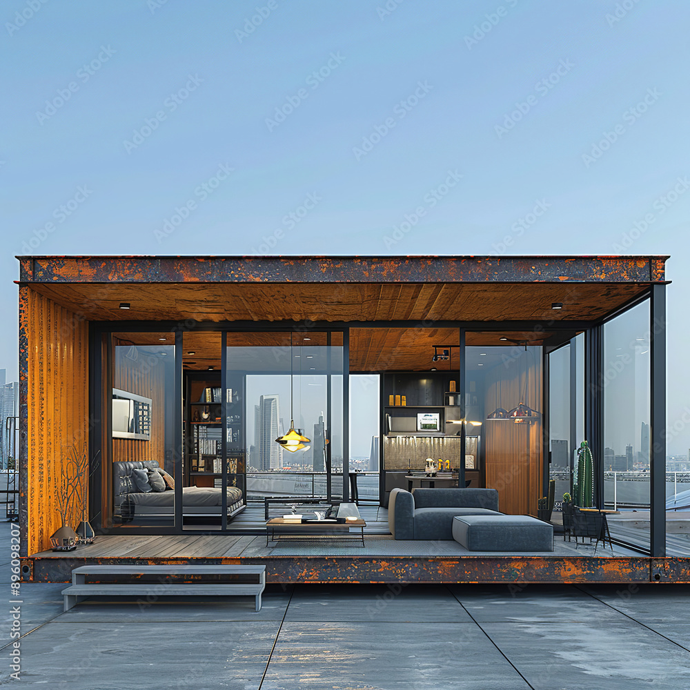 Black metal container with glass windows and doors, 3D rendering of ...