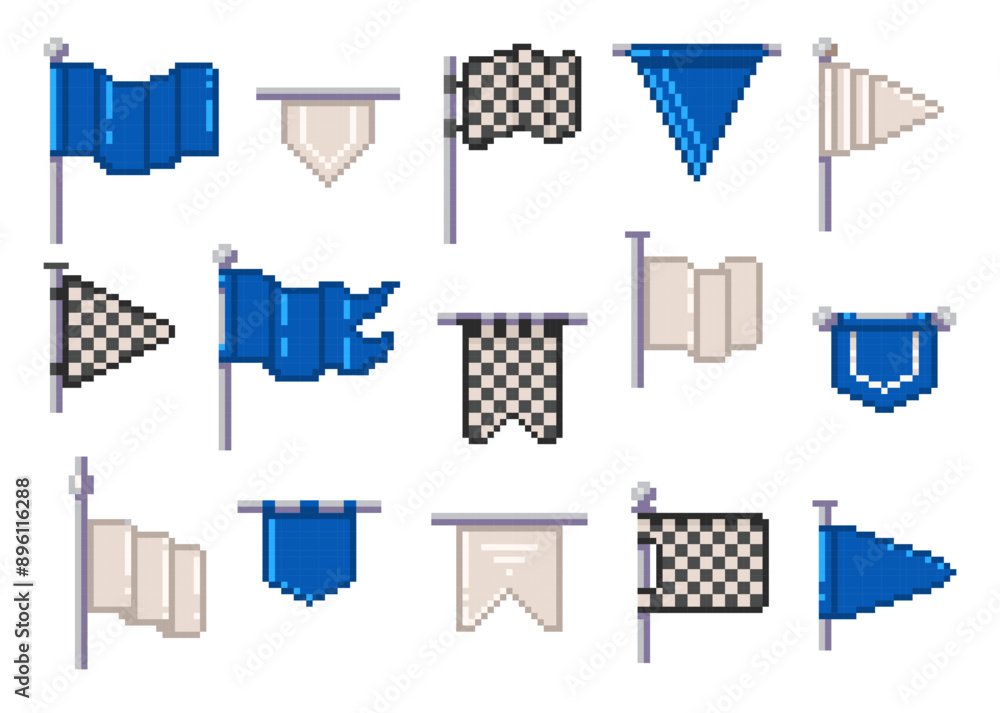 8-bit flag pixel icons. Retro pixel flags icon wavy banner and pole ...
