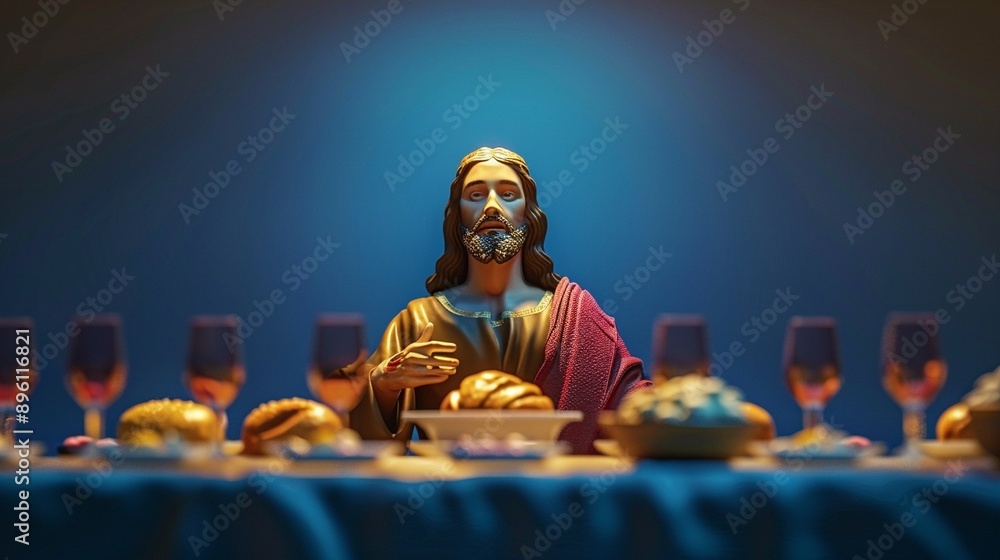 Jesus Christ at the Last Supper with 3D objects of a table and bread on ...