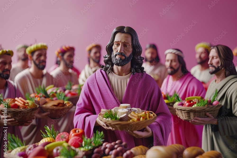 Jesus Christ feeding the multitudes with 3D objects of baskets of food ...