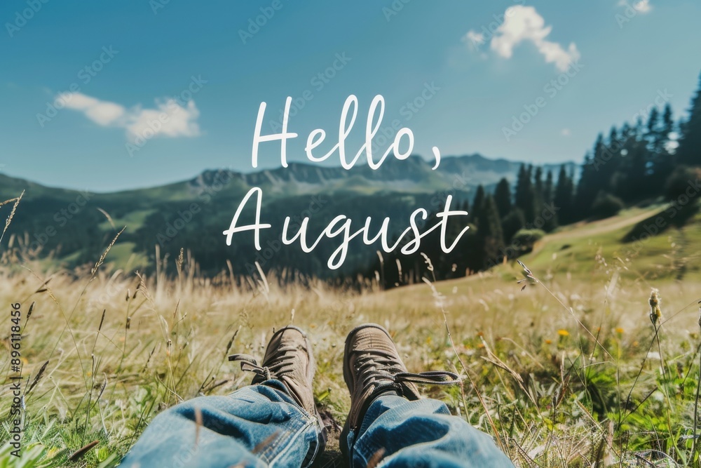 A photo of the text "Hello, August" written in white cursive letters on ...
