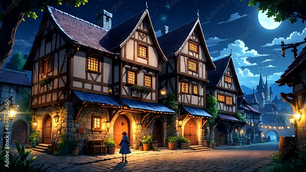 Historic town street at night with charming houses and moonlight. For ...