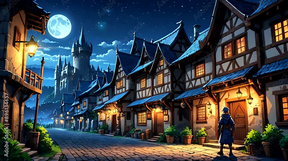 Historic town street at night with charming houses and moonlight. For ...