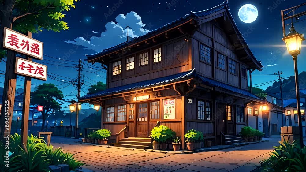 Traditional Japanese building at night with lanterns and moonlight. For ...