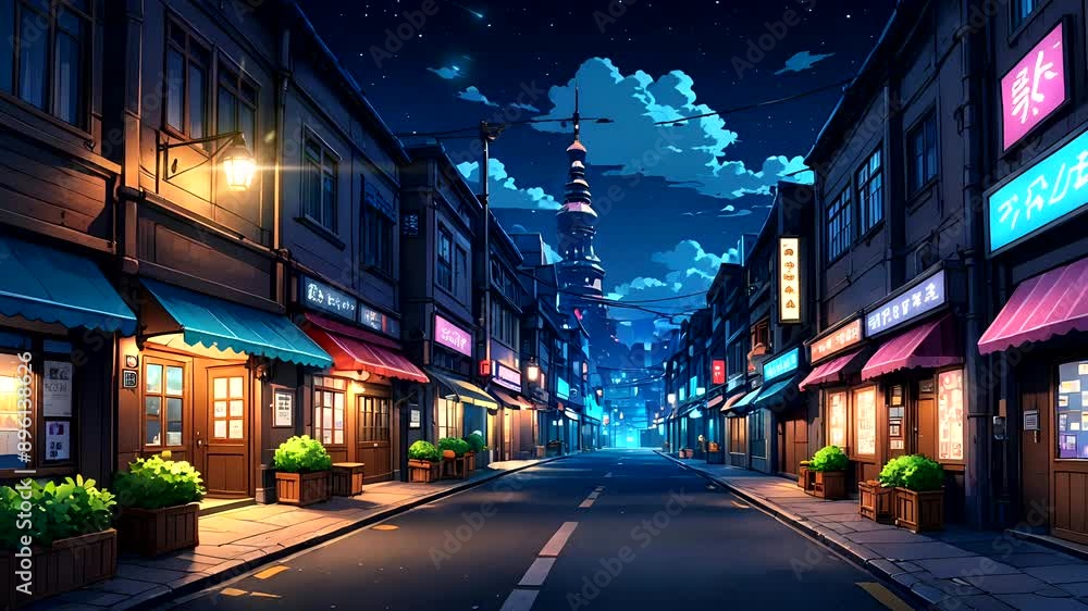 Empty nighttime street in traditional Japanese town with glowing shop ...