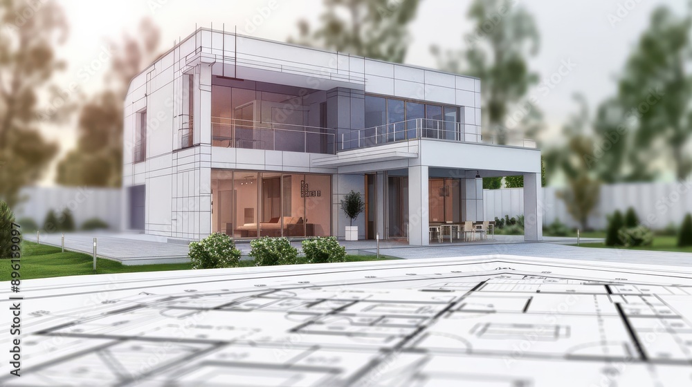 Modern house design with blueprints showcasing innovative architecture ...