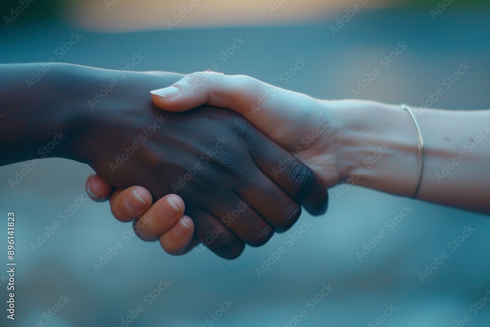 Two hands from different cultural backgrounds come together in a symbol ...