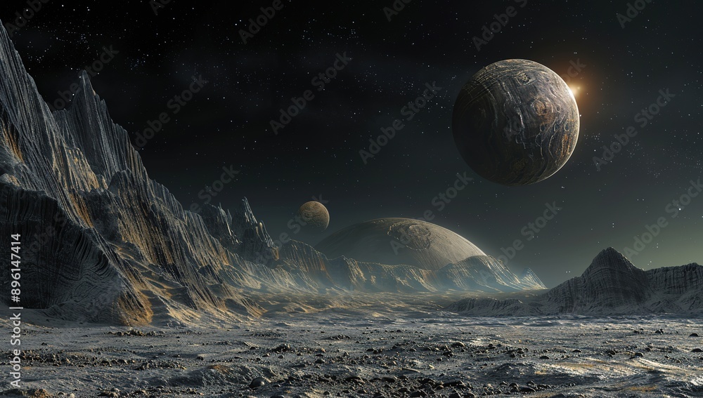 Alien Planet with Dark Rocky Terrain and Distant Moons, Cinematic Space ...