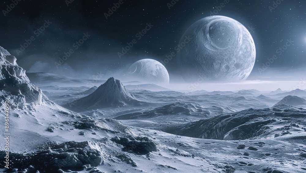 Alien Planet with Dark Rocky Terrain and Distant Moons, Cinematic Space ...