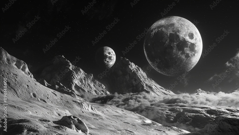 Alien Planet with Dark Rocky Terrain and Distant Moons, Cinematic Space ...