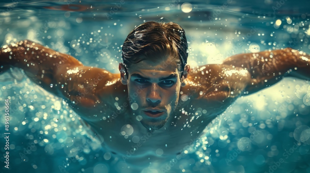 Ultra HD Fantasy Swim: Male Athlete in Mid-Stroke, Water Magic and ...