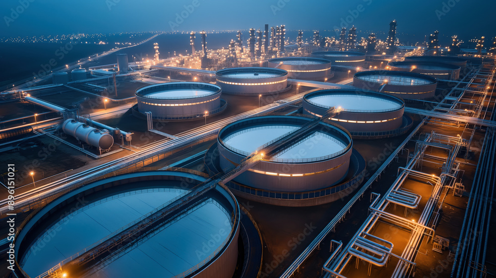 Aerial view of a large illuminated oil refinery complex at night with multiple storage tanks ...