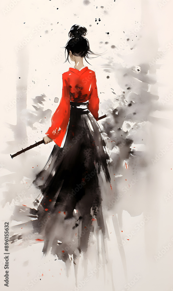 A Japanese kunoichi girl with a hidden blade in her staff prepares for ...