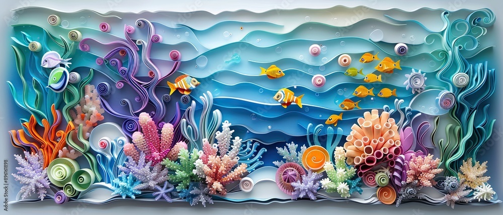 Paper quilling art of serene underwater world with coral reefs and ...