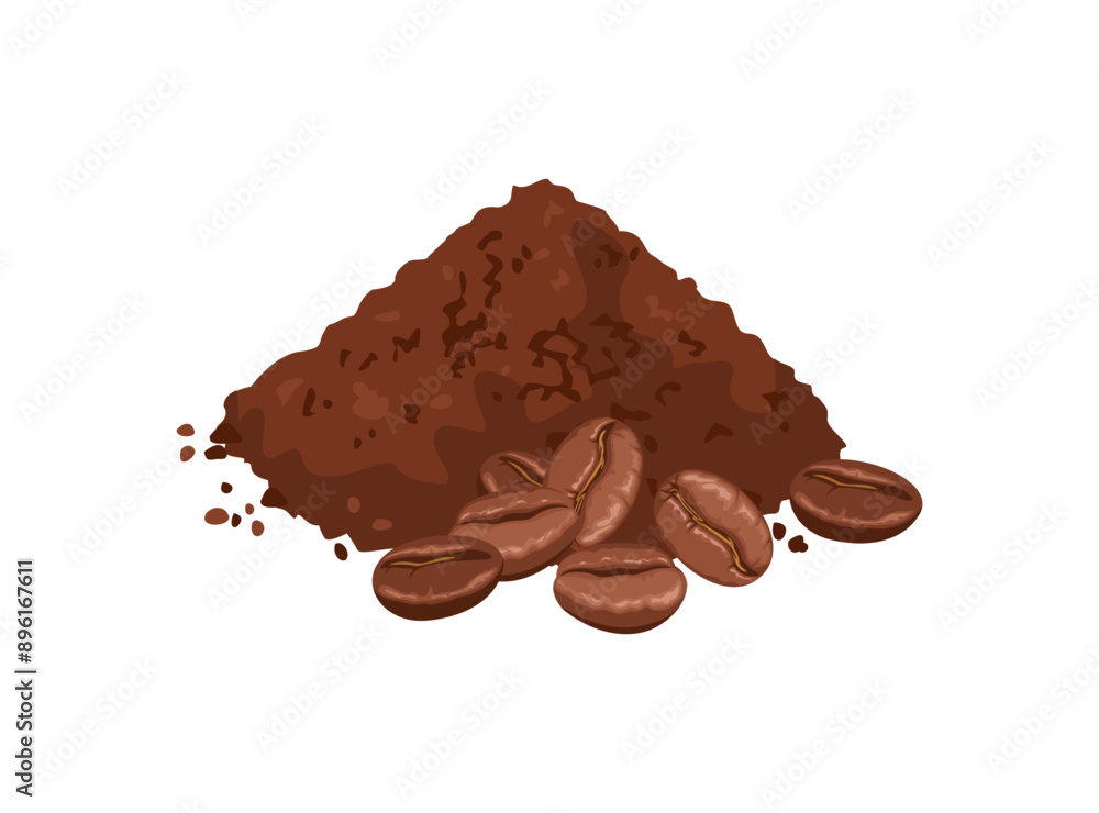 Ground coffee heap and beans isolated on white background. Vector ...