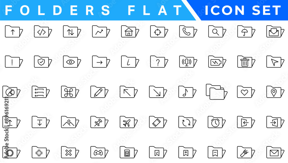 Folders flat line icons set. File catalog, document search, folder ...