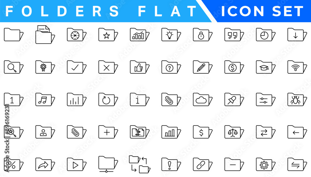 Folders flat line icons set. File catalog, document search, folder ...