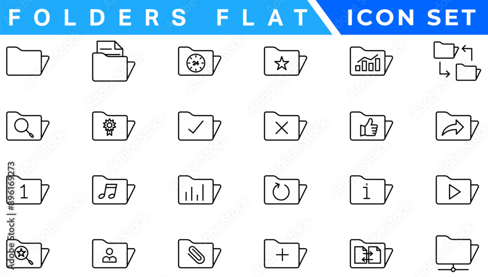 Folders flat line icons set. File catalog, document search, folder ...