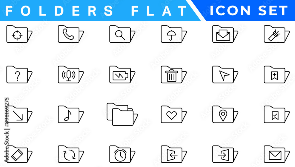 Folders flat line icons set. File catalog, document search, folder ...
