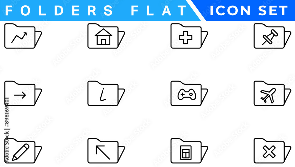 Folders flat line icons set. File catalog, document search, folder ...