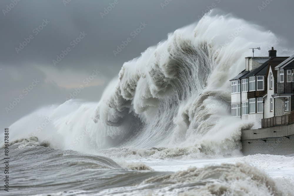 big waves hitting houses. global warming and sea level rise Stock ...