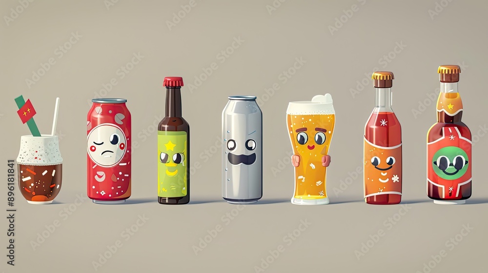Contemporary vector cartoon set of alcohol mascots featuring a soda can ...