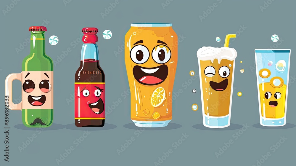Cute and charming alcohol mascot set, including a soda can, liquor ...