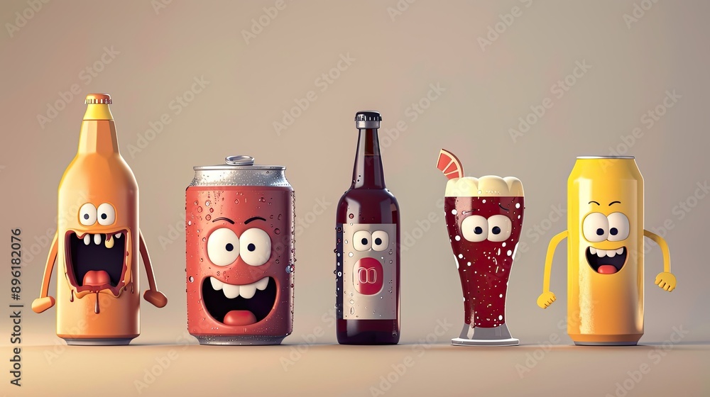Cute and charming alcohol mascot set, including a soda can, liquor ...