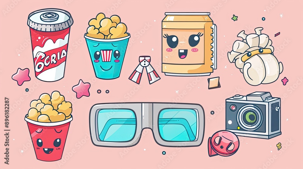 Cute kawaii cinema mascots collection, including a soda can, ticket ...