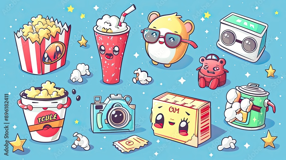 Cute kawaii cinema mascots set isolated on background. Contemporary ...