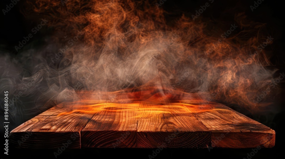 wooden table edge aflame fire and smoke creating dramatic dark ...
