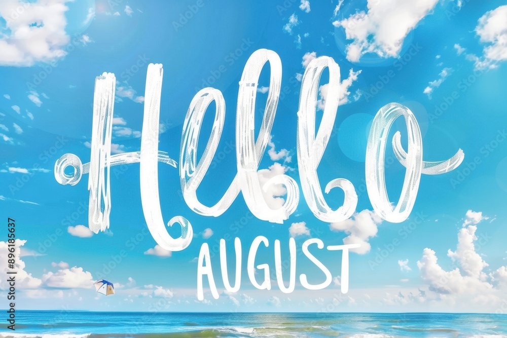 Hello luxury summer beachy text written in white with blue sky ...