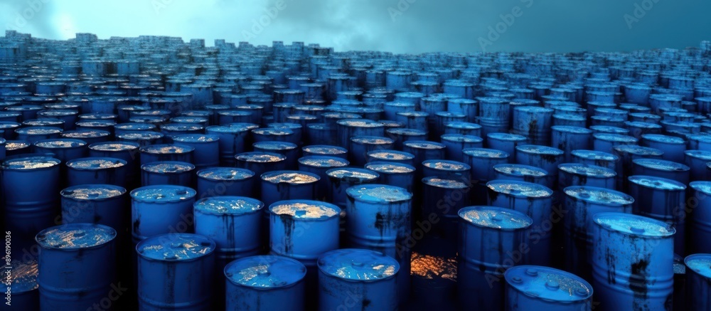 Horizontal blue stock pile of stock drums barrels of oil or chemicals ...