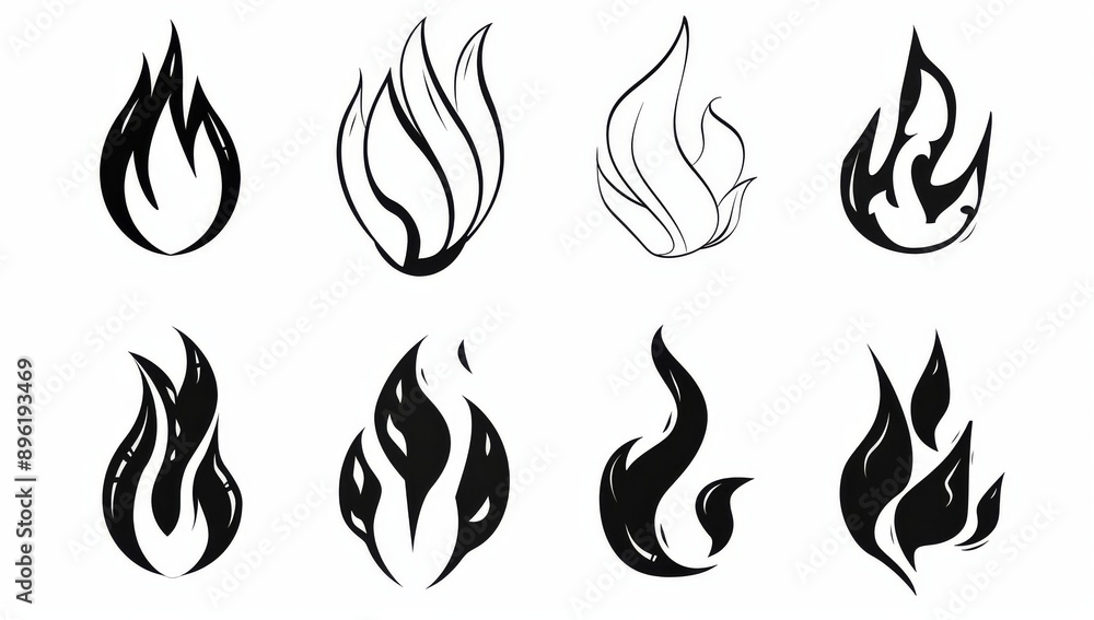 Black fire outline with filled contour isolated on white background ...
