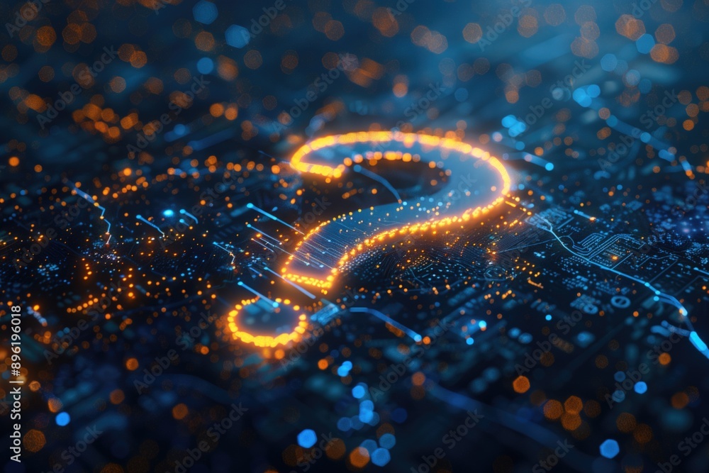 Glowing question mark symbol over digital circuit board with orange and blue lights. Artificial ...