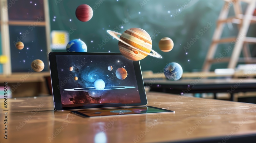 Tablet displaying 3D planets and stars on a classroom desk with a ...