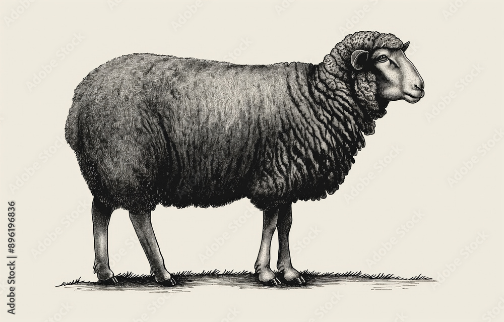 Sheep, lamb. Vintage retro print, black white sheep lamb sketch ink ...