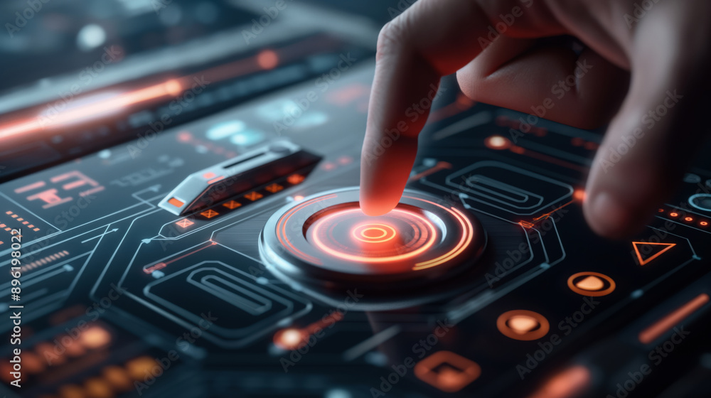 Close-up of a finger interacting with a futuristic touchscreen ...