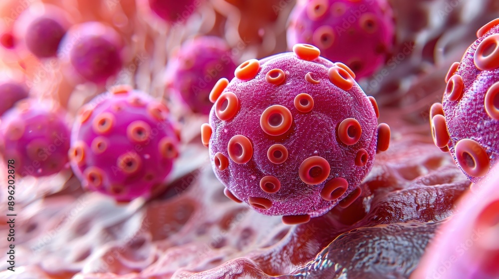 3D rendering of a virus cell under a microscope, depicting the ...