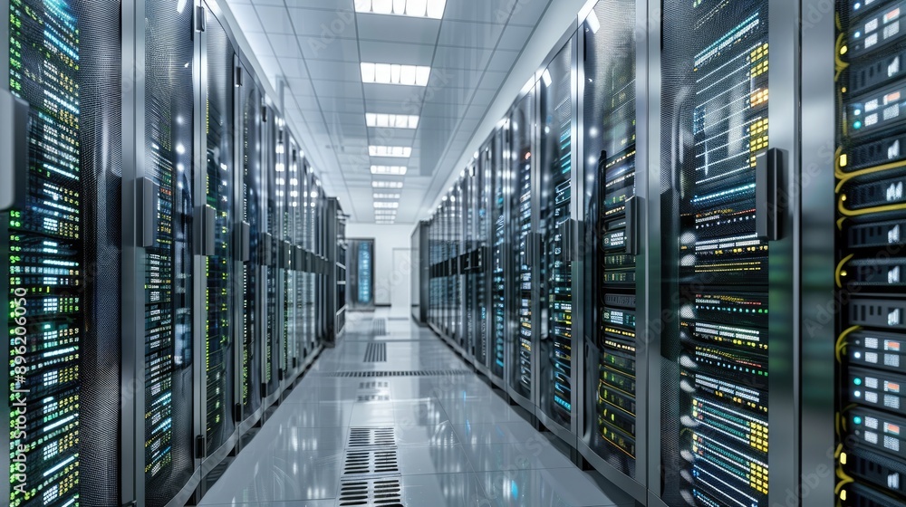 A server room with rows of blade servers and cooling systems, powering ...