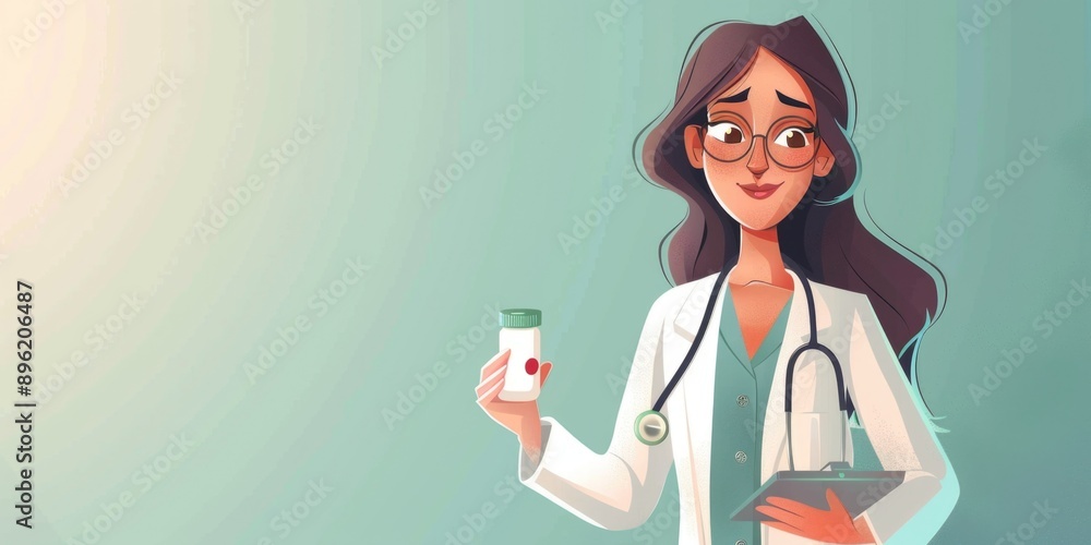 Cartoon image of a female doctor with prescription pad, holding pen and ...