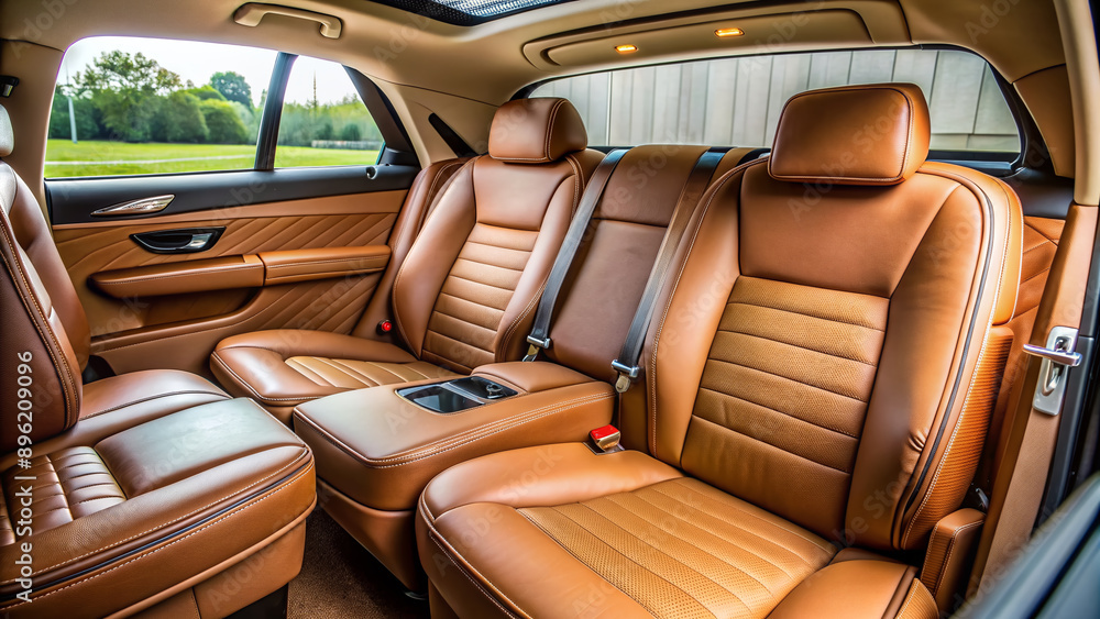 Empty back seat of a luxury vehicle featuring a rich tan leather ...